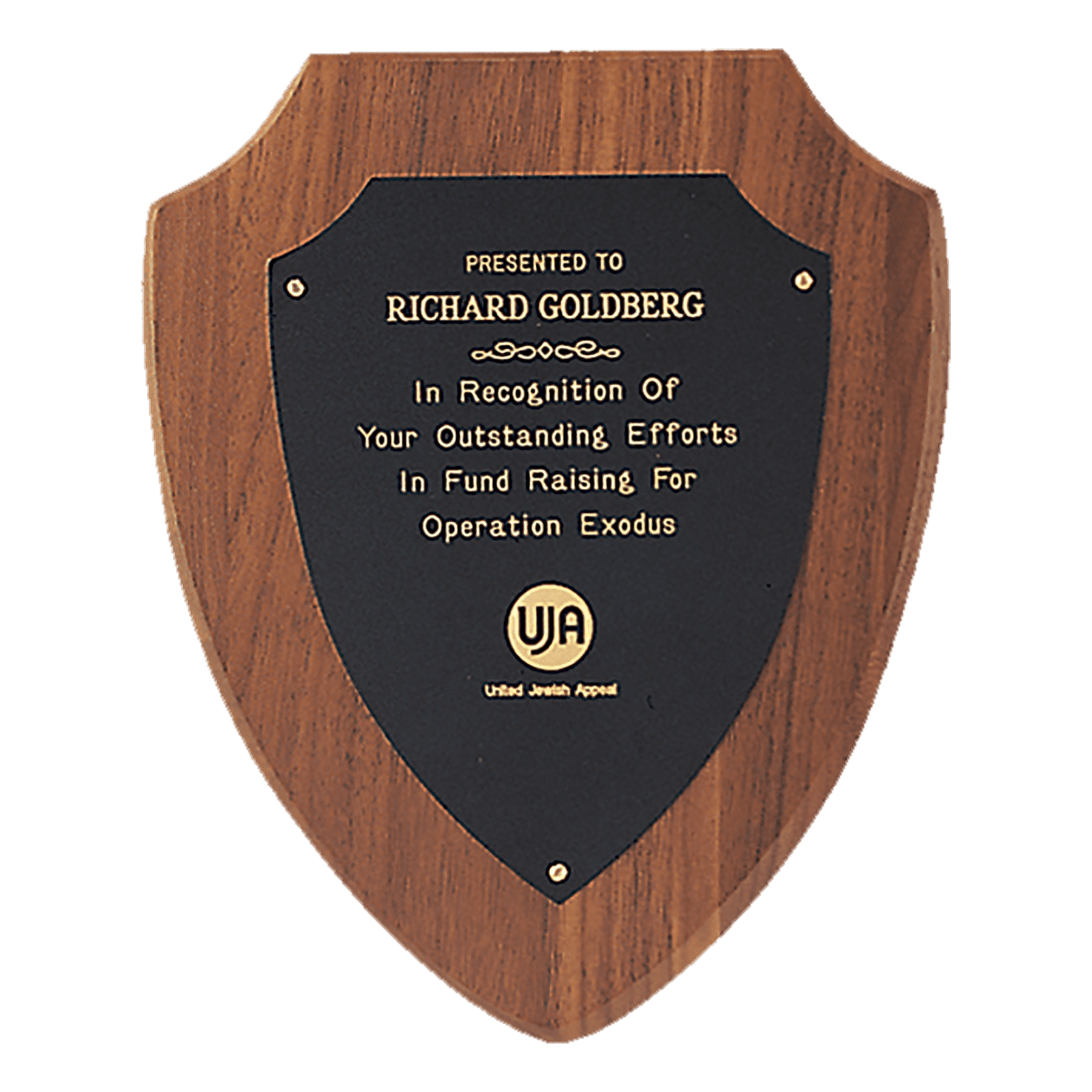 6" x 7 1/2" Jewelers Black Laserable Gold Border Shield Plate on an ...